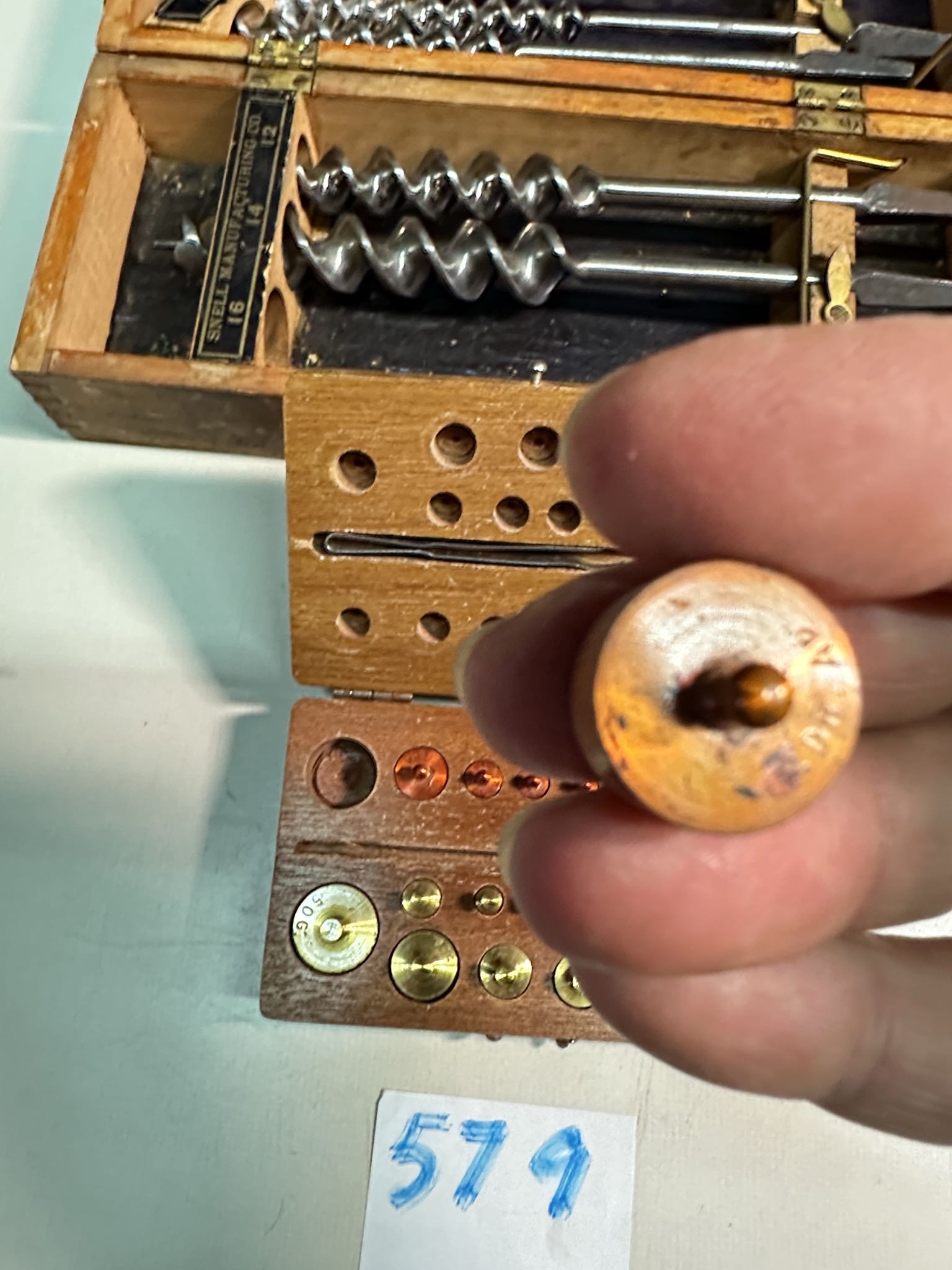 Shell Manufacturing Co. auger bit and brass fitting set in wooden box ...