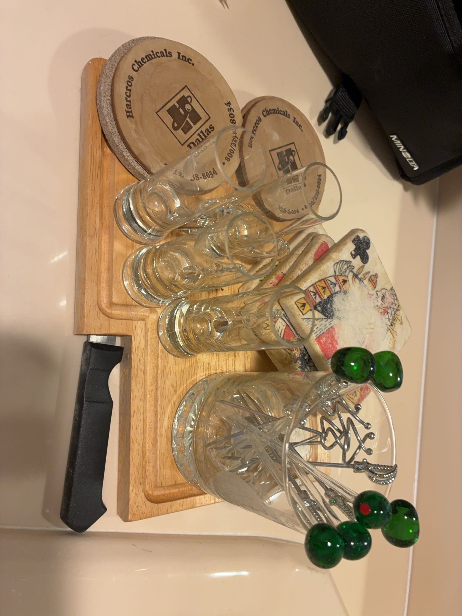 Wood board, shot glasses, picks, coasters | Maxsold