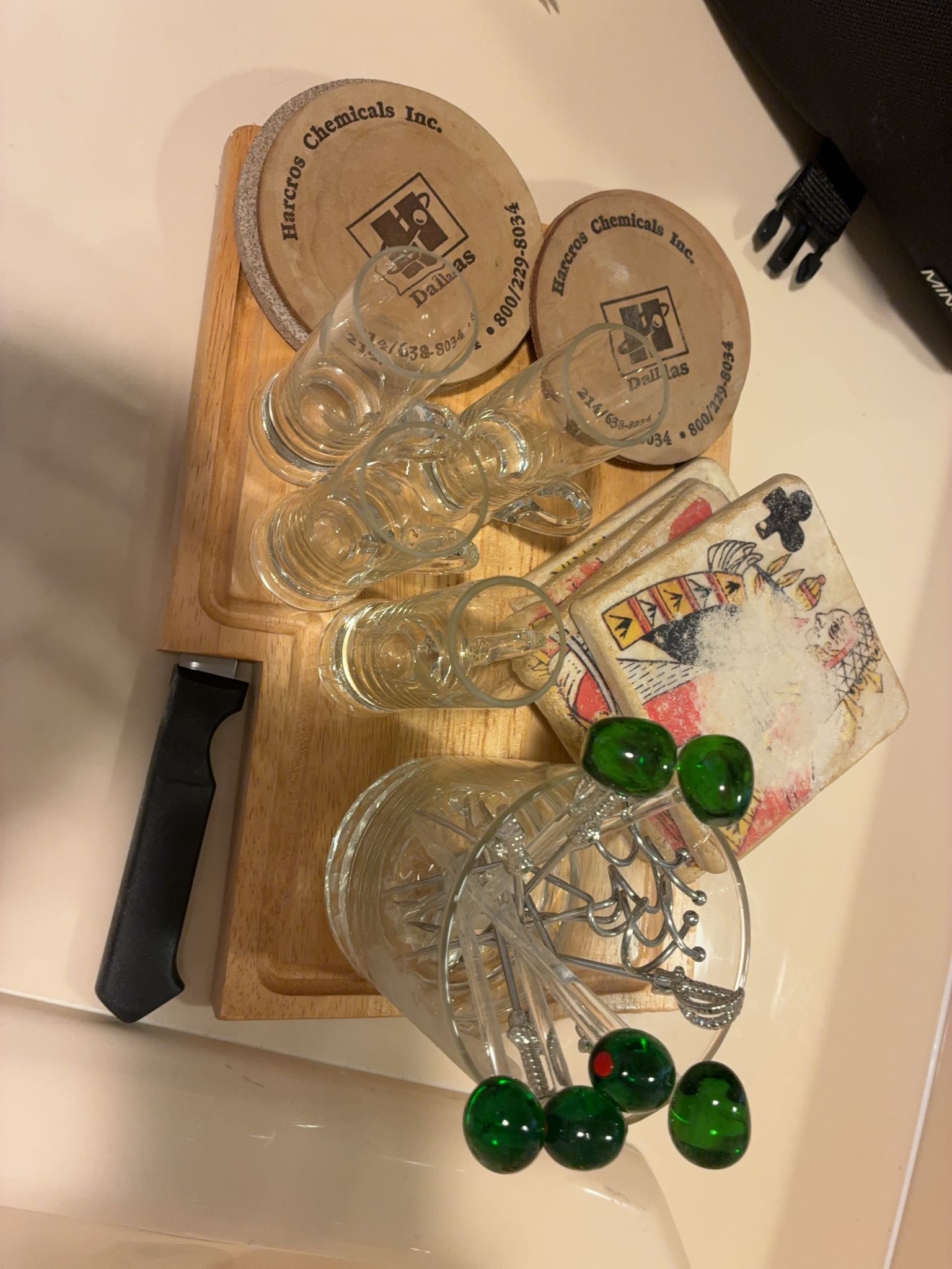 Wood board, shot glasses, picks, coasters | Maxsold